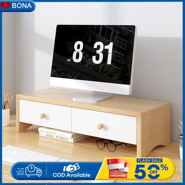 Bona Computer Monitor Stand With Drawer Ergonomic Wooden Desktop ...