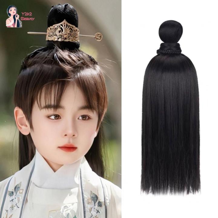 Y2K2 วิกผมจีนโบราณ สีดำสีดำ แบบดั้งเดิมดั้งเดิม ดีไอวาย สาวๆ ผ้าโพกศีรษะเด็ก ผมสไตล์จีน นุ่มนุ่ม ...
