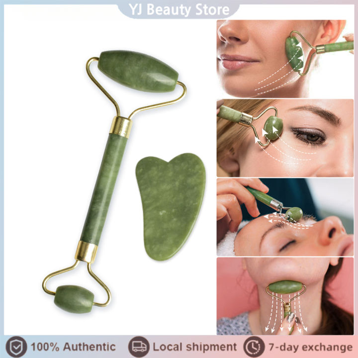 NEW 2in1 Gift Set Jade Roller Beauty Roller Facial Face Neck Body Gua ...