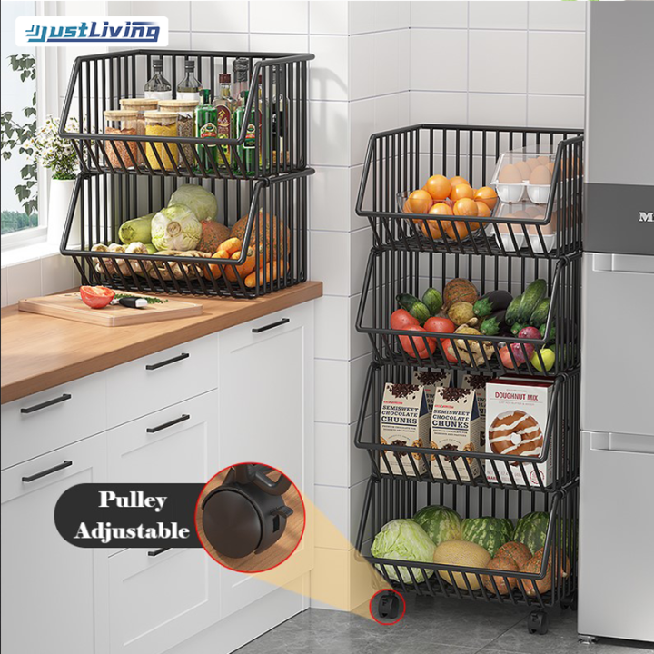 JustLiving Multi-Tier Kitchen Iron Trolley Shelf Rack Movable Floor ...