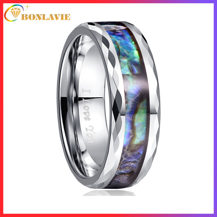 BONLAVIE 8mm Abalone Shell Tungsten Carbide Rings Unisex Wedding Bands ...