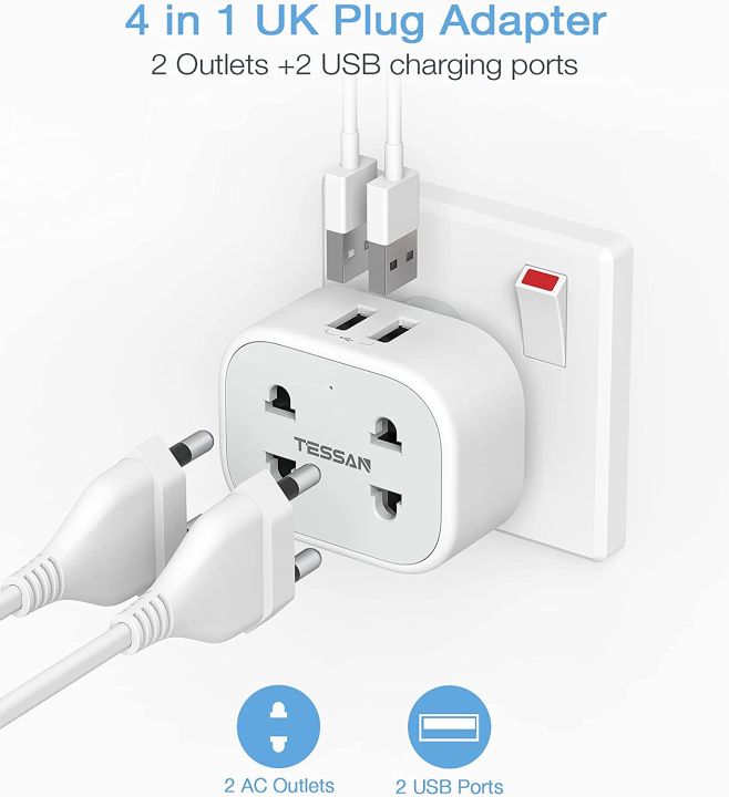 TESSAN 2-Pin Plug Socket Multi Plug Extension Power Socket with USB, 3 ...