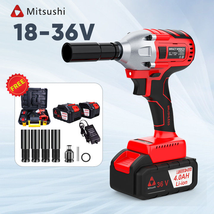 Mitsushi 18-36V Brushless Electric Cordless Impact Wrench With 2 Li-ion ...
