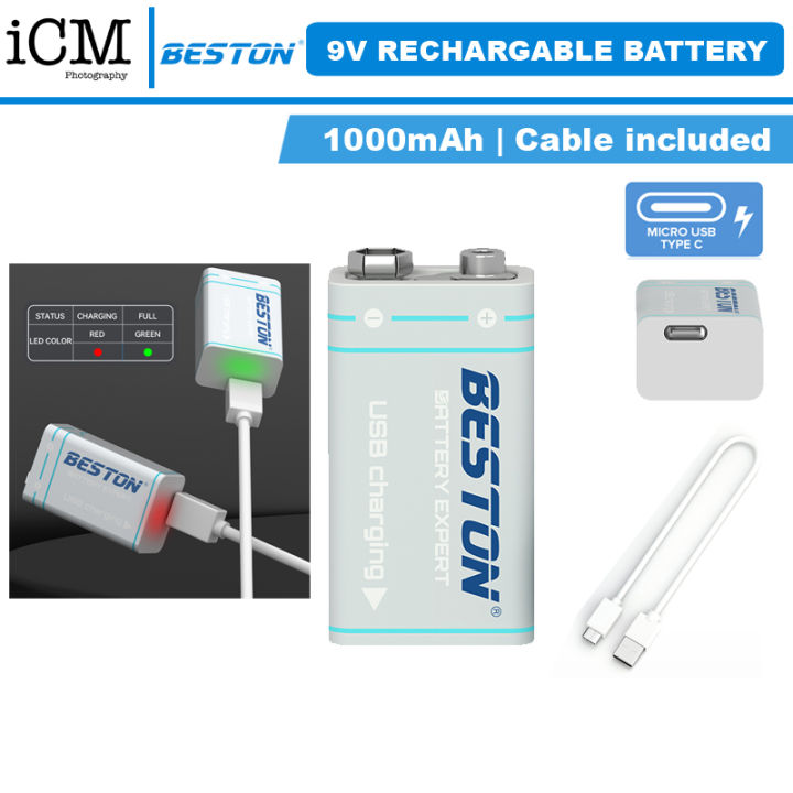 Beston 9V Rechargeable Battery 1000mAh With Type-C USB Cable | Lazada ...