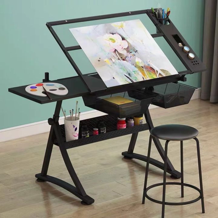 Drafting glass table drawing table with extra side table drawers and ...