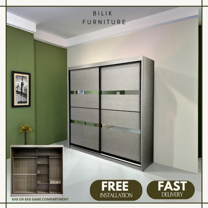 Bilik Furniture -Anti Jump Sliding Door Wardrobe 6x8,8x8 | MDF Wood | Almari Anti-Jump | Lazada