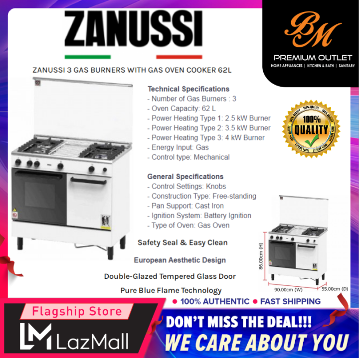 ZANUSSI ( ZCG930W , ZCG-930W ) 3 BURNERS COOKER WITH 62L GAS OVEN ...
