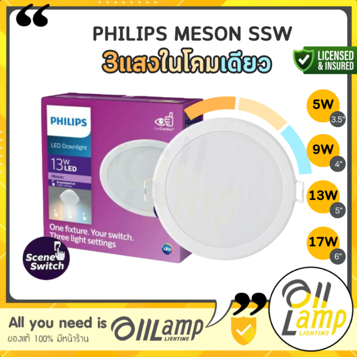 (สลับ3สี) Philips LED Downlight Meson SSW 3 Color 5w 9w 13w 17w ขนาด 3.5นิ้ว 4นิ้ว 5นิ้ว 6นิ้ว ...