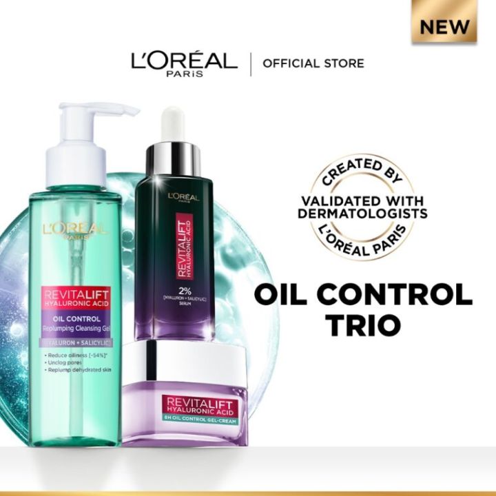 NEW LOreal Paris Revitalift Hyaluronic Acid Oil Control Trio (Gel Cleanser, Serum 30ml, Cream ...