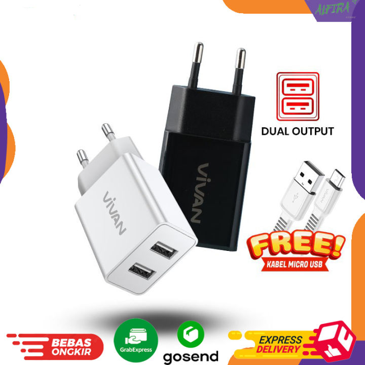 VIVAN Charger DD02 Dual Port USB 2.4A 12W Free Kabel Data Micro Garansi ...