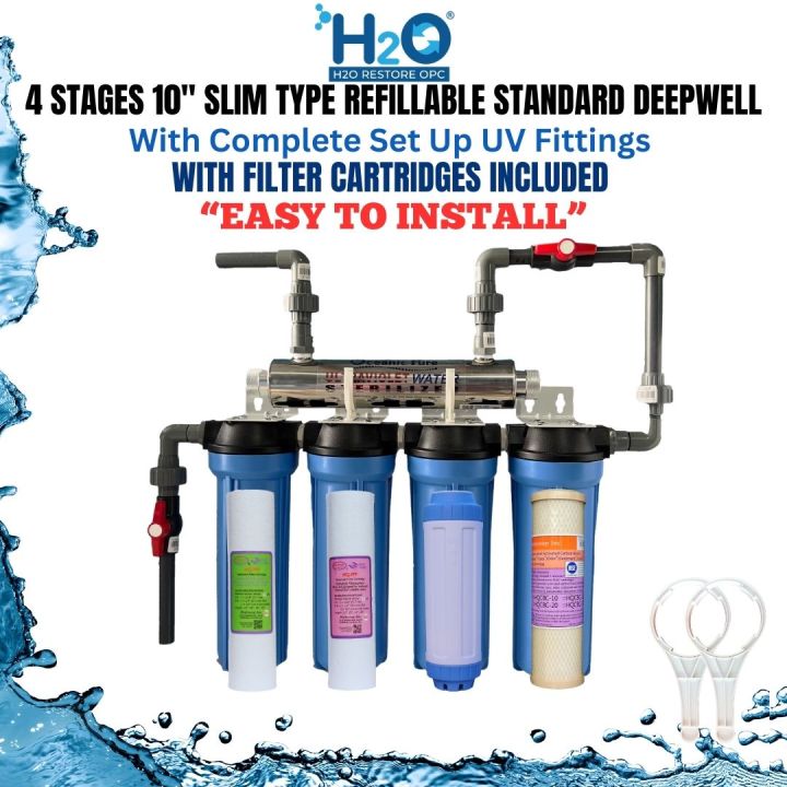 Water Filter 4 Stages 10" Slim Type Refillable Standard Deepwell with 2 ...