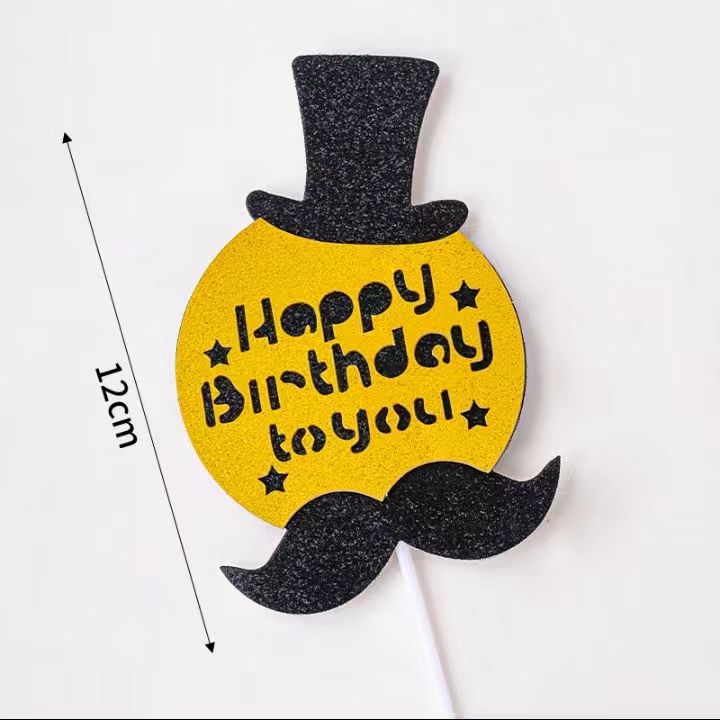 INS Black Hat beard Gold Happy birthday paper card cake topper baking ...