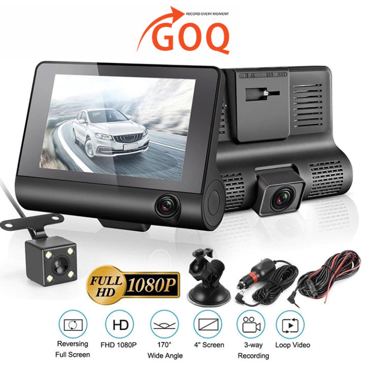 GOQ D90 3-Way Record Car Camera HD Recorder Front + Back + Interior Dashcam Video Cam Night ...