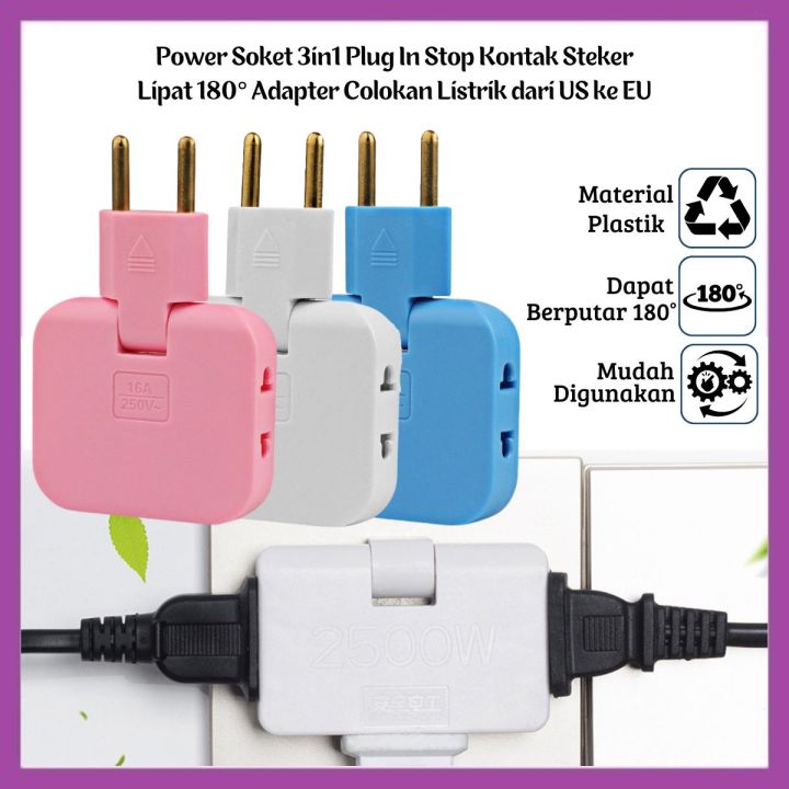 Power Soket 3in1 Plug In Stop Kontak Steker Lipat 180° Cabang 3 Colokan ...