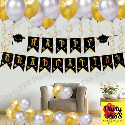 HAPPY GRADUATION banner with 24 pcs balloons gold and silver Graduation ...
