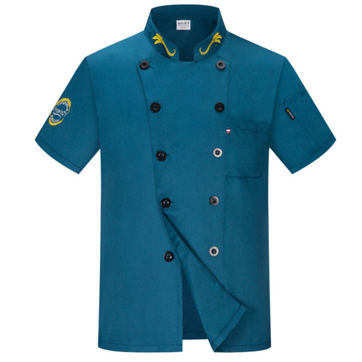 Blue Chef Jacket Short Sleeves Restaurant Uniform Men Kitchen Catering ...