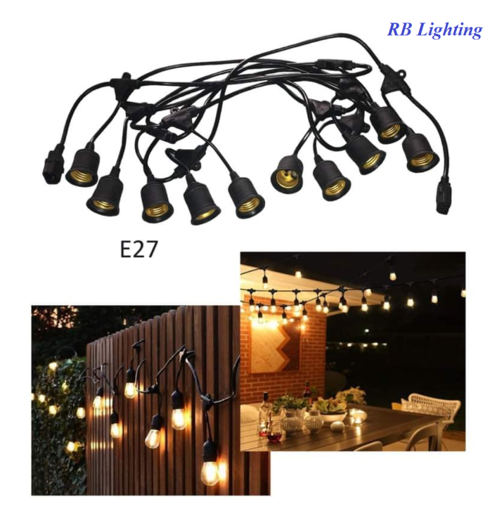 Bộ dây 5m 10 đui, 10m 15 đuôi, 10m 20 đui E27 chống nước trang trí quán cafe, quán ăn hàng đẹp ...
