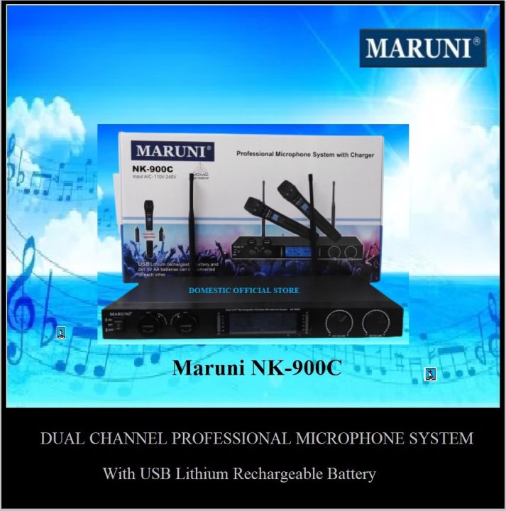 MARUNI NK-900C DUAL CHANNEL UHF RECHARGEABLE WIRELESS MICROPHONE SYSTEM (MCMC APPROVED) | Lazada