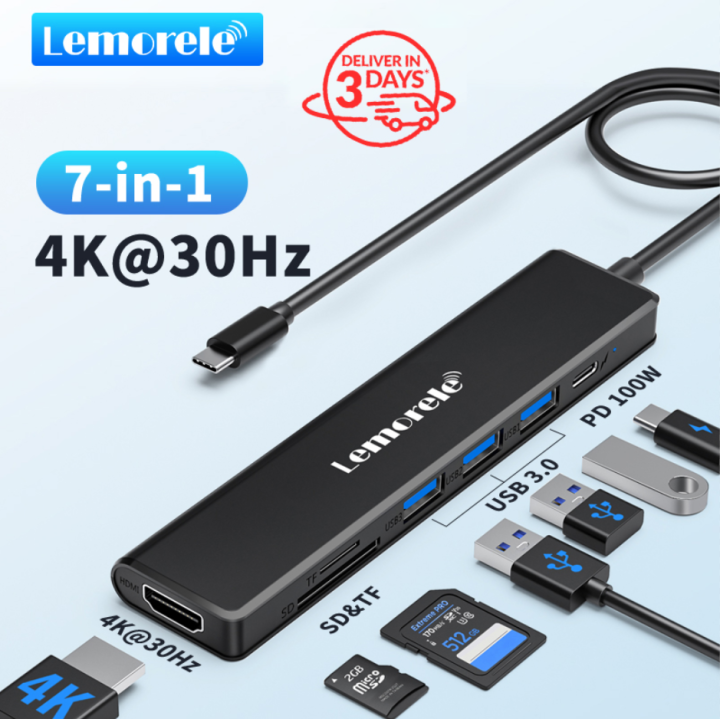 Lemorele USB C hub 7 in 1 USB C aluminum housing multi port adapter 100W PD 4K HDMI USB 3.0+USB ...