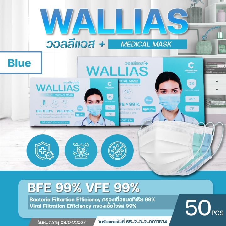 😷แมส3ชั้น หน้ากากอนามัยทางการเเพทย์ ยี่ห้อ Mask WALLIAS หนา 3 ชั้น ป้องกันได้ถึง 98 % บรรจุ 1 ...