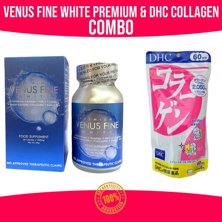 Venus Fine White PREMIUM Glutathione 60 Capsules + DHC collagen 60 days-360 grain peptide 2,050 ...