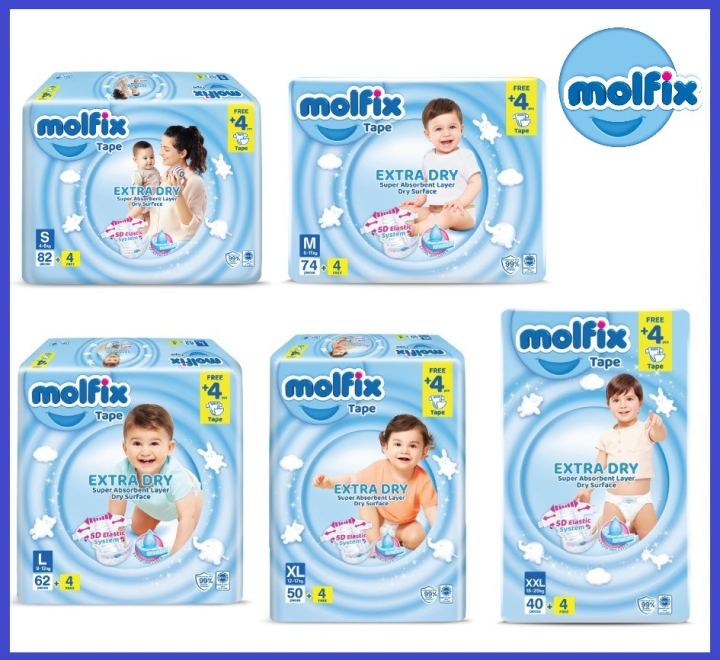 Molfix Extra Dry Diapers Tape NB60/S80/M60/L58/XL50/XXL40 | Lazada
