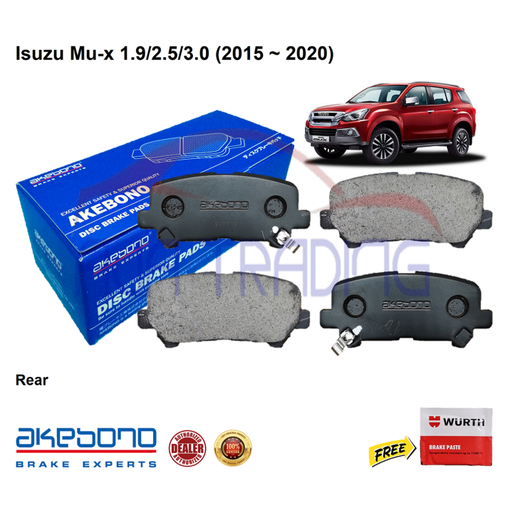Genuine Akebono Rear Brake Pads for Isuzu Mu-x 1.9/2.5/3.0 (2015-2020) w/ WURTH Brake Paste ...