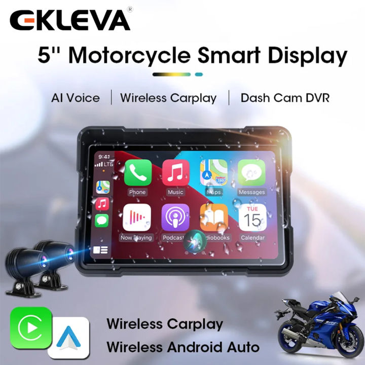 EKLEVA 5 Inch Motorcycle DVR Wireless Carplay & Android Auto IPX7 Front ...