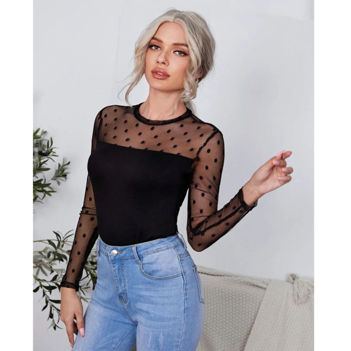 Ohlady Ready Stock Polka Dot Sheer Mesh Sleeve And Yoke Top Lazada Ph