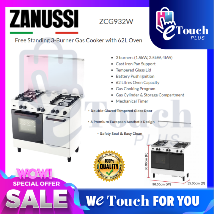 ZANUSSI (ZCG-932W, ZCG932W) 3 BURNERS 62L ELECTRIC OVEN FREE STANDING ...