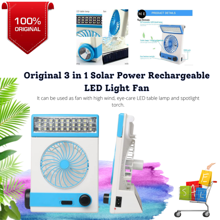 Original 3 in 1 Solar Power Rechargeable LED Light Fan | Lazada PH