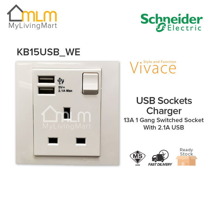 Schneider Vivace 13A 1 Gang Switched Socket 3 Pin Socket With 2.1A USB ...
