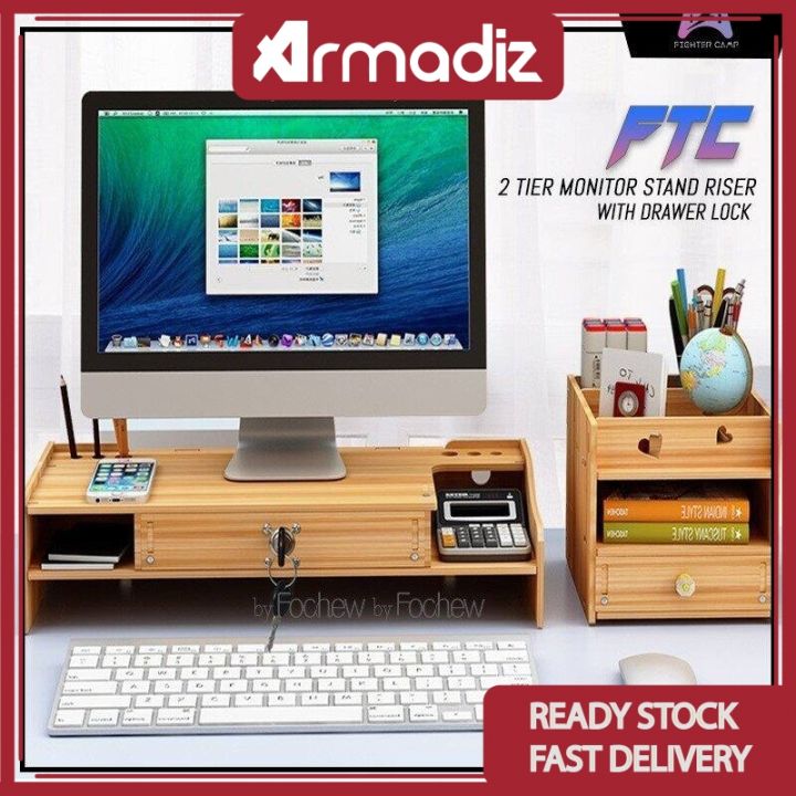 AMZ 2 Tier Monitor Stand Riser With Drawer Lock Multifunction Wood Made ...