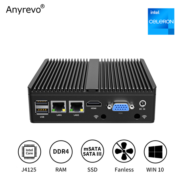 Fanless 4K Windows Mini PC Intel Celeron J4125 Quad-Cores Dual UHD HTPC HDMI 2.0 Realtek Gigabit ...