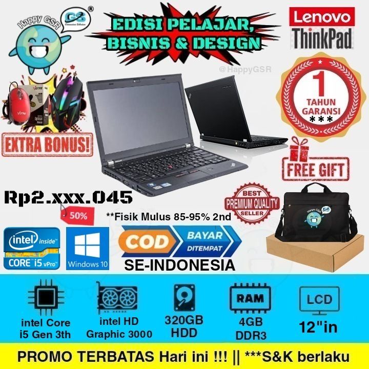 LAPTOP LENOVO THINKPAD X230 INTEL CORE i5 GEN 3th RAM 4 SSD 128GB 12" SLIM BISA UPGRADE HINGGA ...
