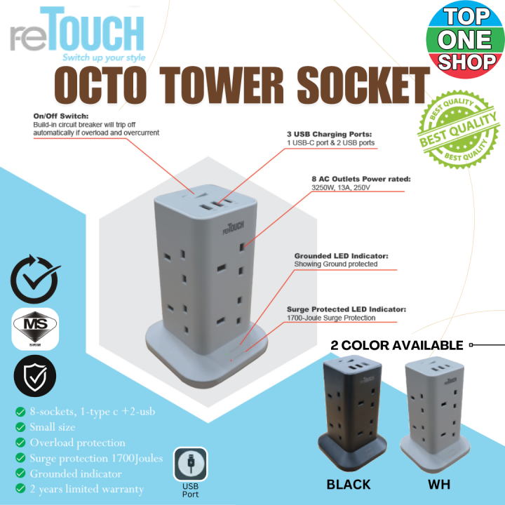SIRIM APPROVED ReTouch/ Octo Tower Socket 13A USB Type-C c/w Surge ...