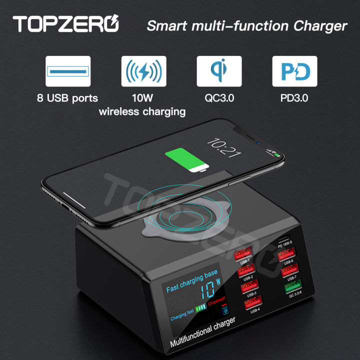 TOPZERO 8 Ports 100W Smart Multi-Function Charger Wireless Charging ...