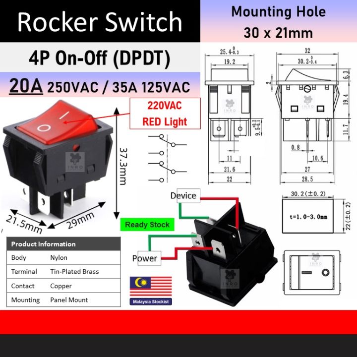 [20A 250V] 4 Pin / 6 Pin DPST DPDT KCD4 Rocker Switch Suis Rocker, AC ON OFF Switch ON OFF ...