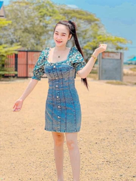 Risara💕เดรสกระโปรงยีนส์ลายดอกไม้พิมพ์ลาย。เย็บผ้ายีนส์ลูกไม้ | Lazada.co.th