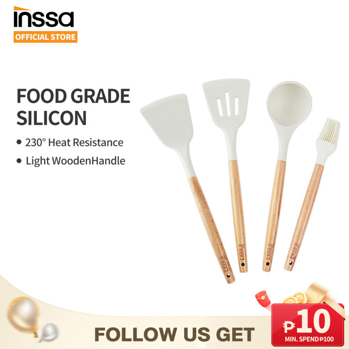 Inssa Cooking Utensils Kitchen Utensils with Wooden Handle Silicone ...