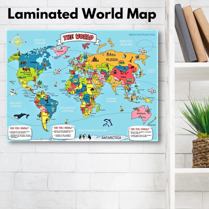 Classroom World Map Laminated World Map For Kids Wall Chart - 18x24 ...