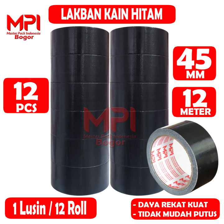 1 Lusin / 12 Pcs - Lakban Kain Hitam 45 mm x 12 Meter - Cloth Tape ...