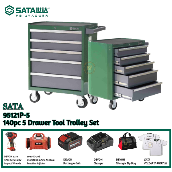 SATA - 95121P-5 140pc 5 Drawer Tool Trolley Set + DEVON Tools ( 5733 / ...