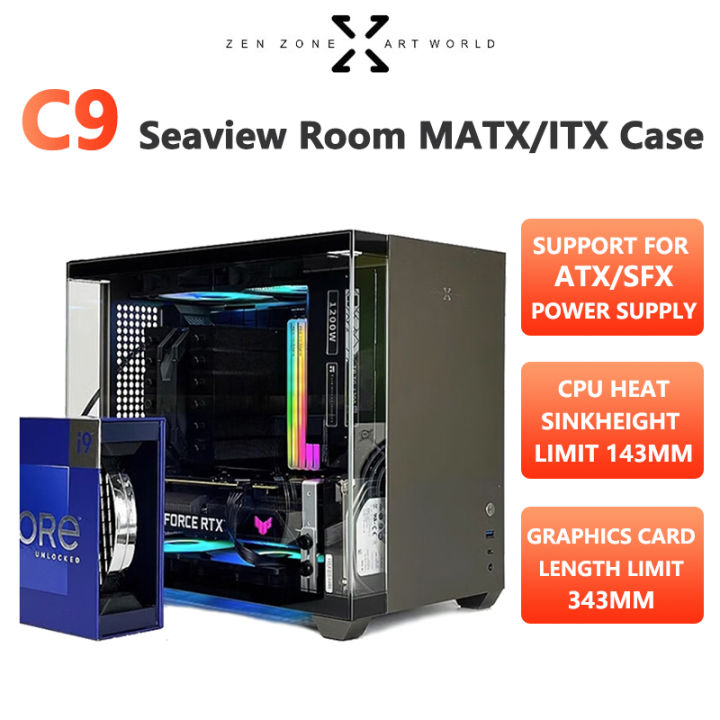ZZAW C9 Computer Case MATX/ITX/YTX Seaview Desktop Casings ATX /SFX Power Supply Side ...