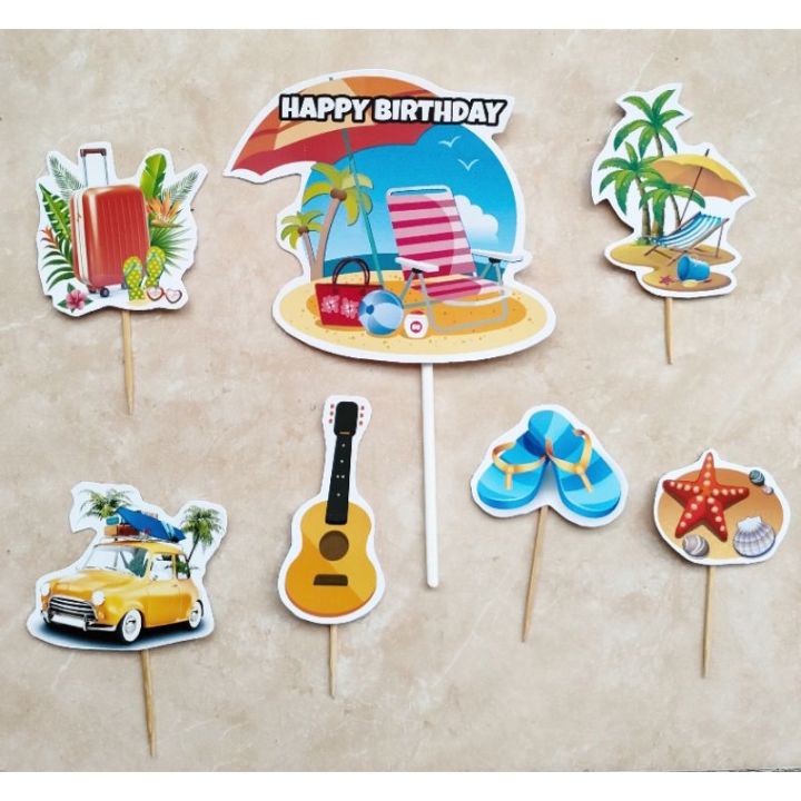 satu set cake topper hiasan kue ulang tahun karakter tema Pantai Beach ...