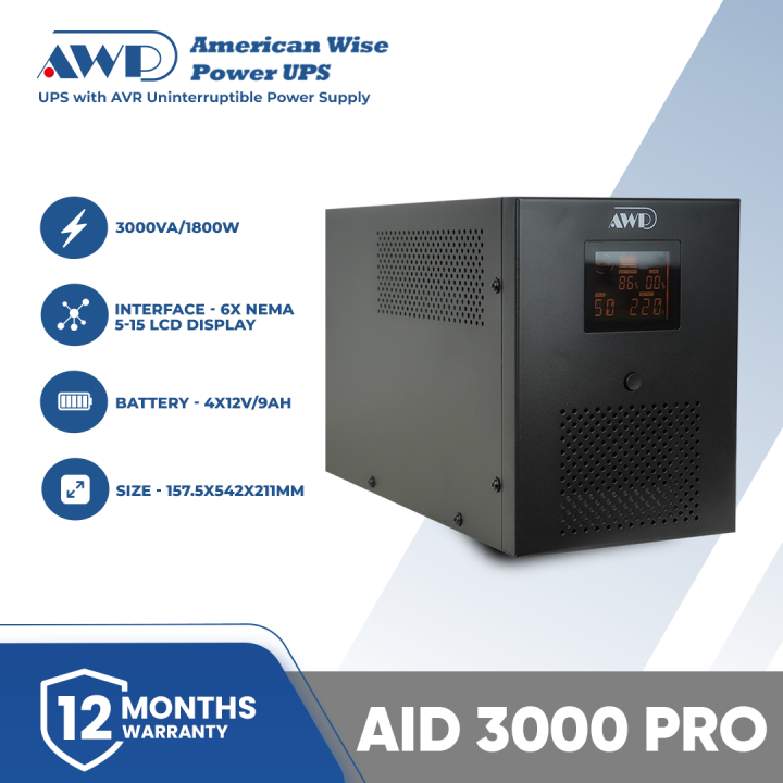 AWP AID3000 Pro Aide Pro LCD 1800W-3000VA UPS with AVR Uninterruptible ...