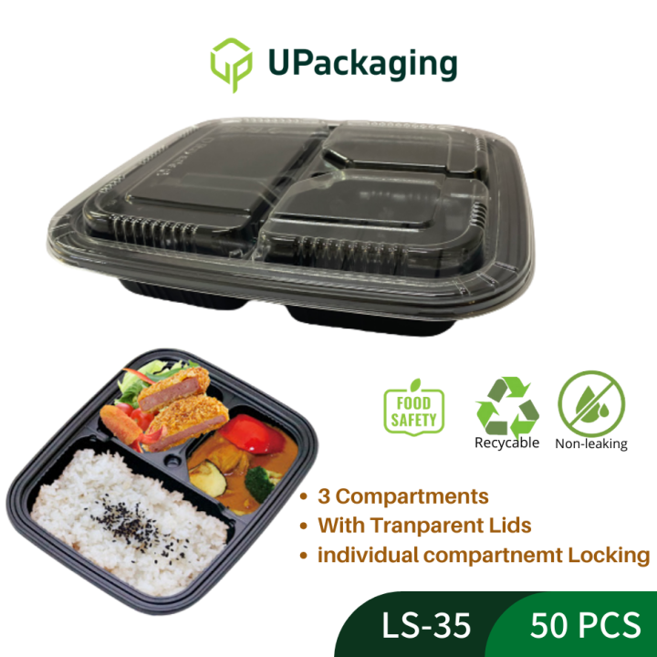 LS35 [50 Pcs] Plastic Lunch Box with Lid 3 Compartments Disposable ...