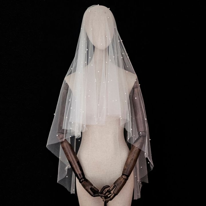 Wedding Veil Short Bridal Veil Face-Covered Blusher Veil with Pearls ...