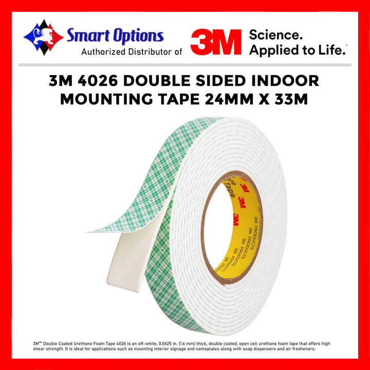 3M 4026 Double Sided Indoor Mounting Tape, White, 24mm x 33m, Double Coated Urethane Foam Tape ...