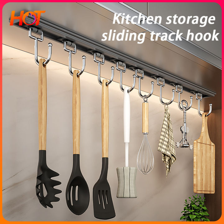 🔥 Kitchen Storage Sliding Track Hook Wall Mounted No Punching Required ...